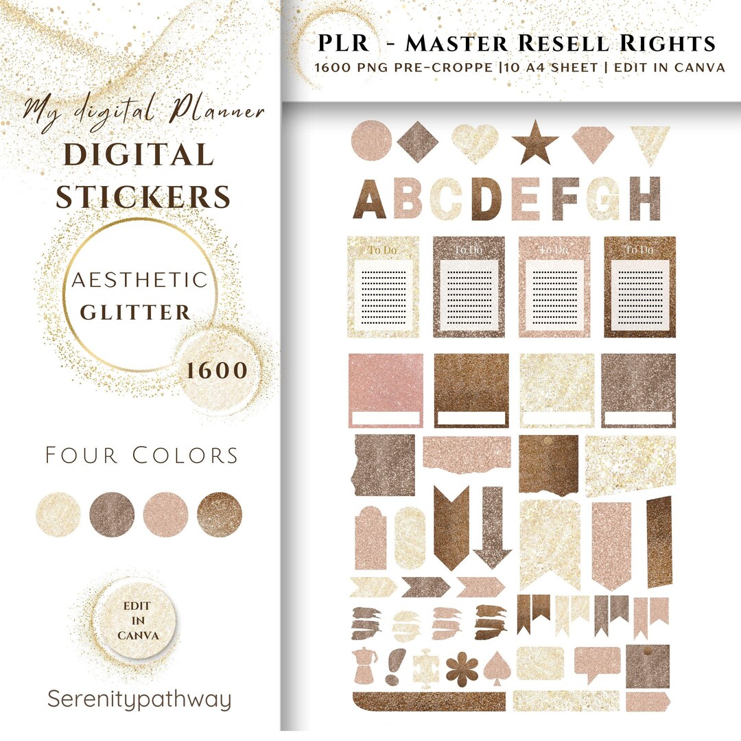 PLR MRR Digital Stickers, 1600 Glitter Sticker Sheets|canva Editable ...