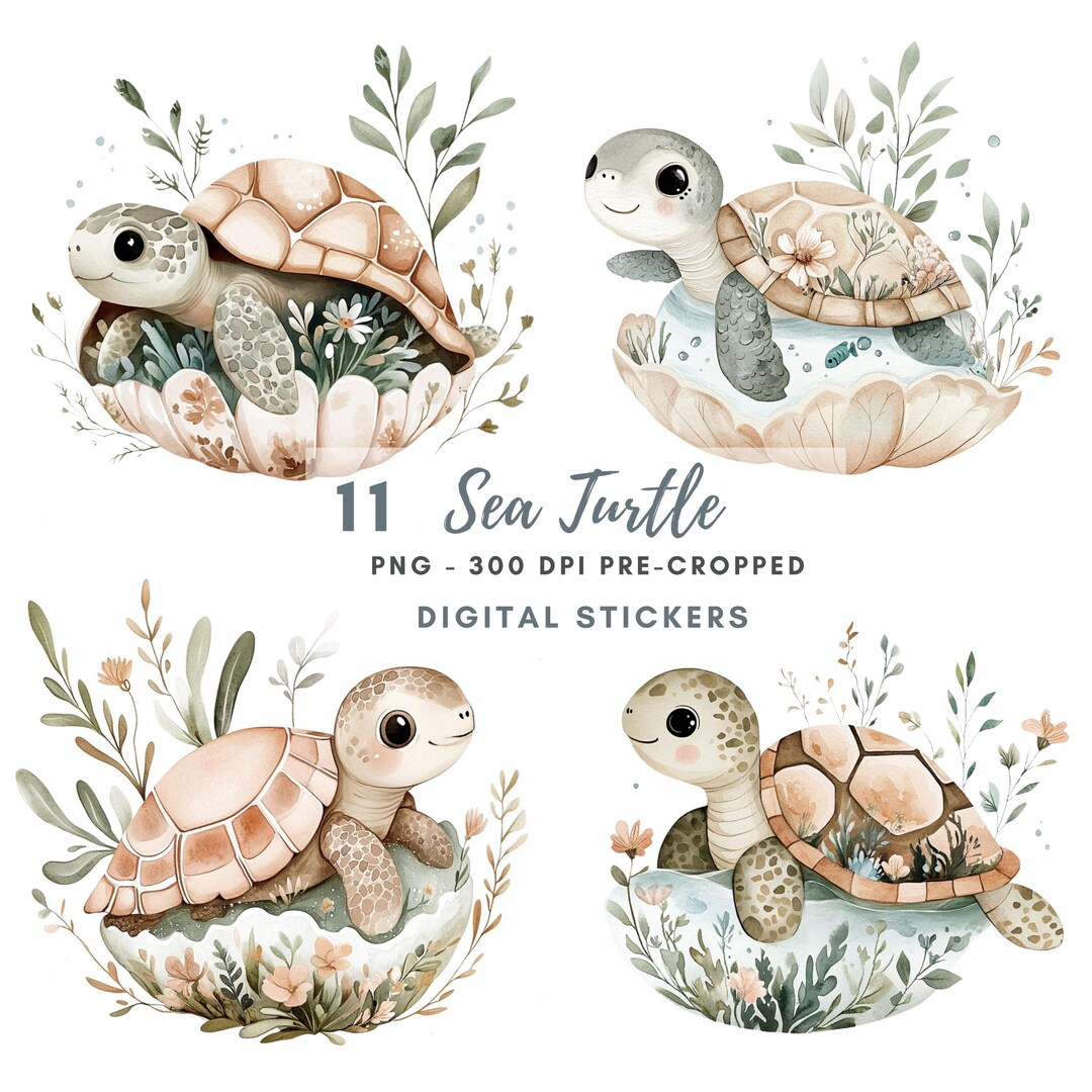 Sea Turtle Digital Stickers| 16 Watercolor Sea Turtle Stickers Sheets ...