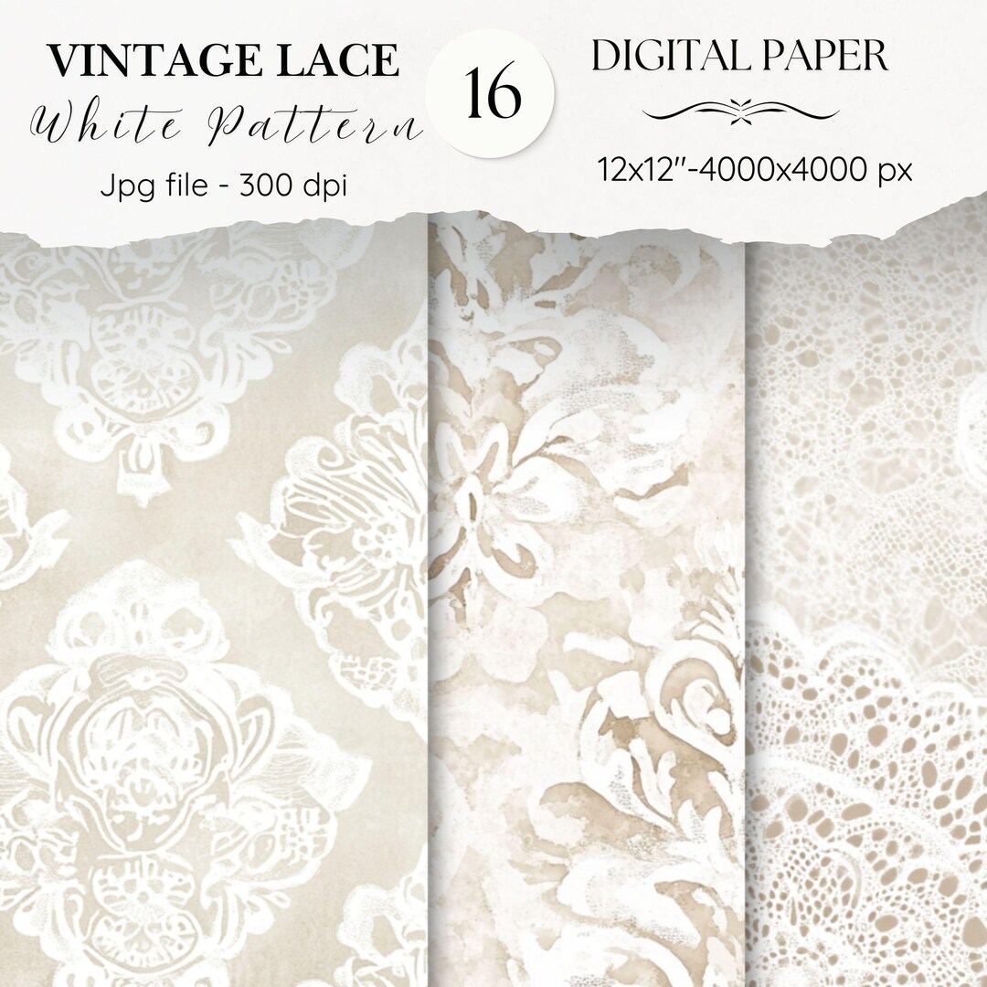 White Lace Digital Paper Pack- 16 Shabby Chic Damask Scrapbook Junk ...