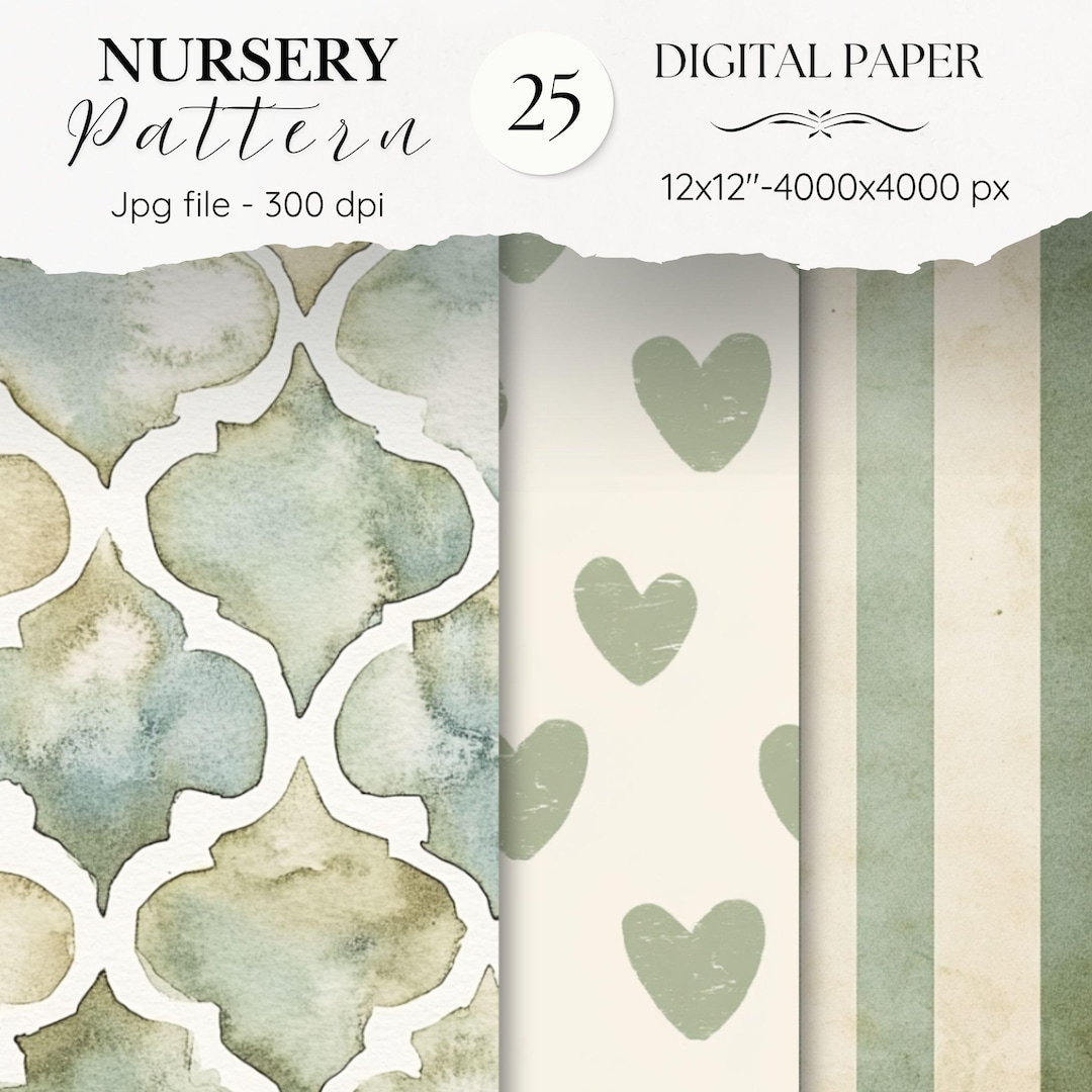 Sage Green Digital Paper Pack- 25 Nursery Scrapbook Junk Journal Papers ...