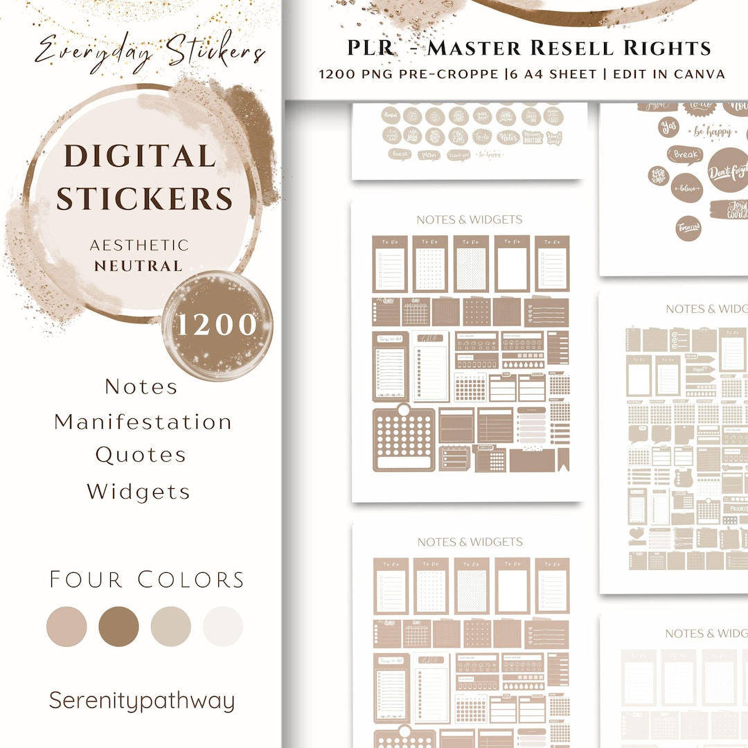 Everyday Digital Stickers, PLR Master Resell Rights |1200 Aesthetic ...