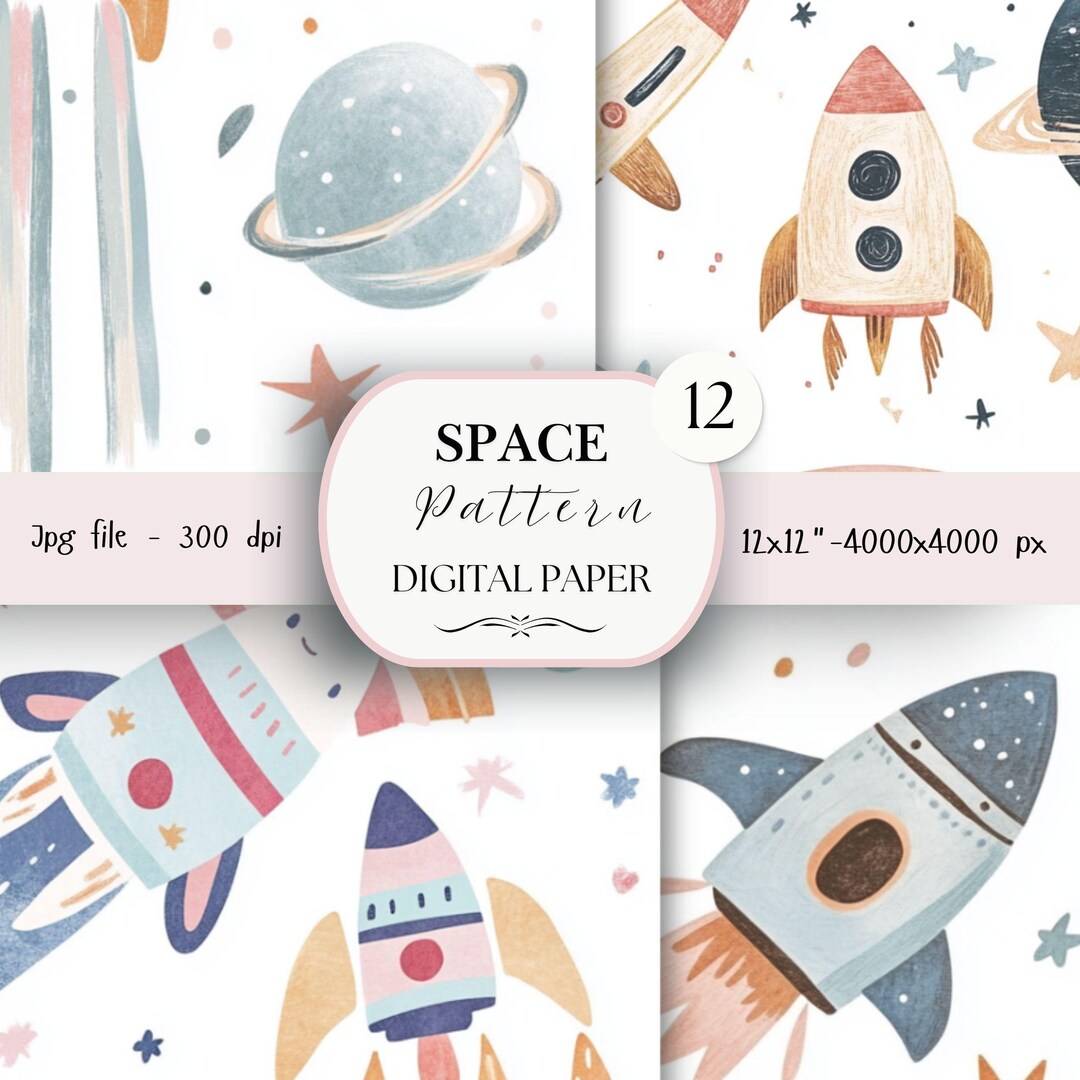 Baby Space Digital Paper Pack - 12 Nursery Scrapbook Junk Journal ...