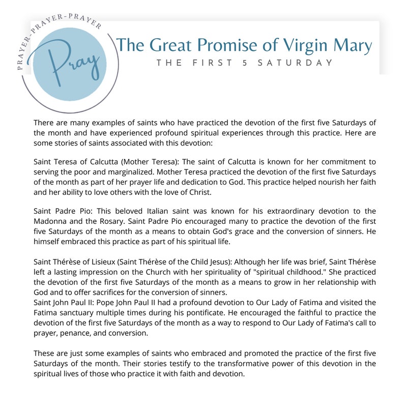Prayer the Devotion of the First Five Saturdays,digital Prayer to ...
