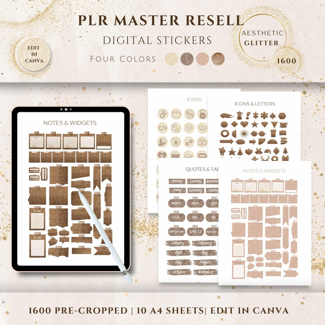 PLR MRR Digital Stickers, 1600 Glitter Sticker Sheets|canva Editable ...