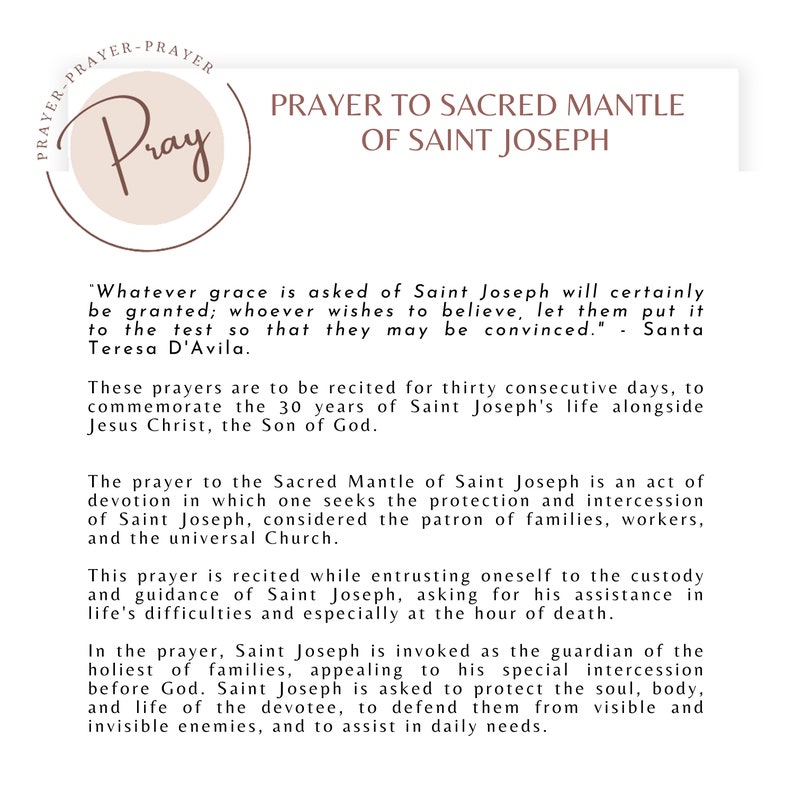 Prayer to Sacred Mantle of Saint Joseph,digital Prayer to Obtain Grace ...
