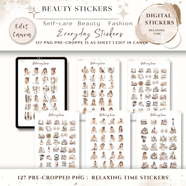 Relaxing Time Digital Stickers| 127 Aesthetic Pre Cropped Book Sheets ...
