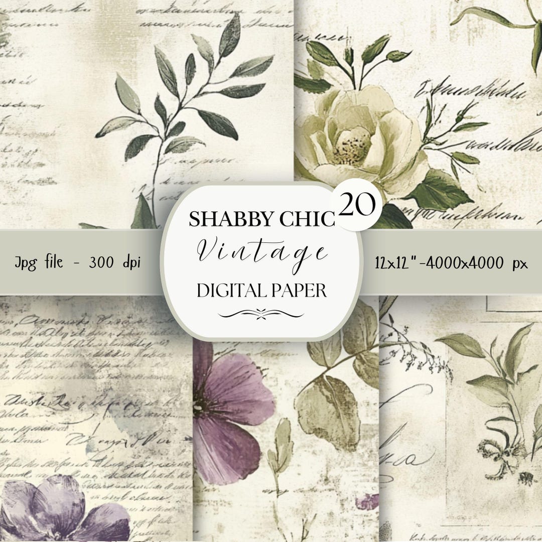 Shabby Chic Digital Paper Pack-20 Vintage Word Scrapbook Junk Journal ...