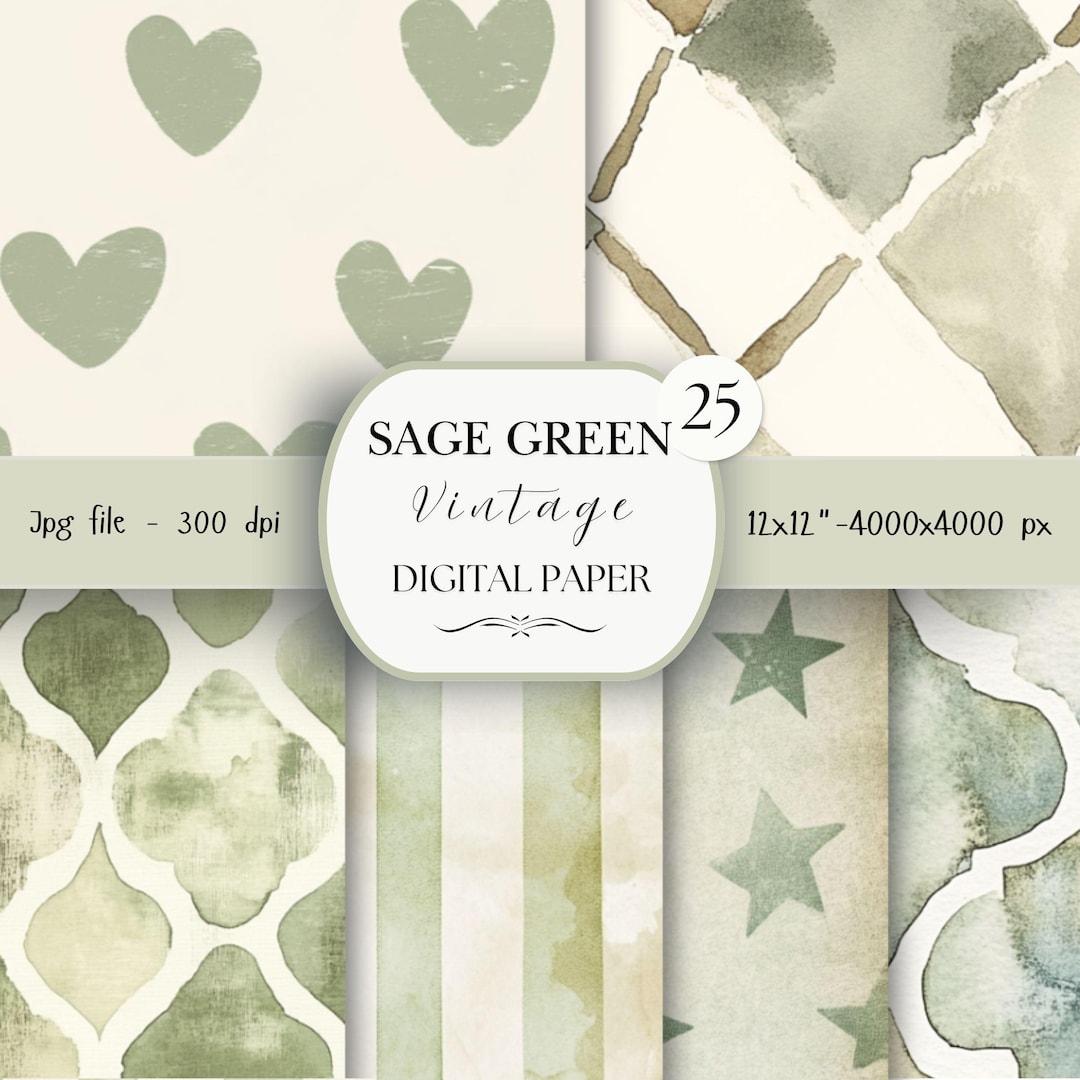 Sage Green Digital Paper Pack- 25 Nursery Scrapbook Junk Journal Papers ...