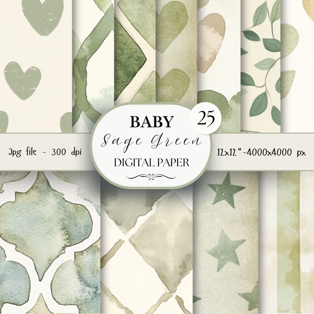 Sage Green Digital Paper Pack- 25 Nursery Scrapbook Junk Journal Papers ...