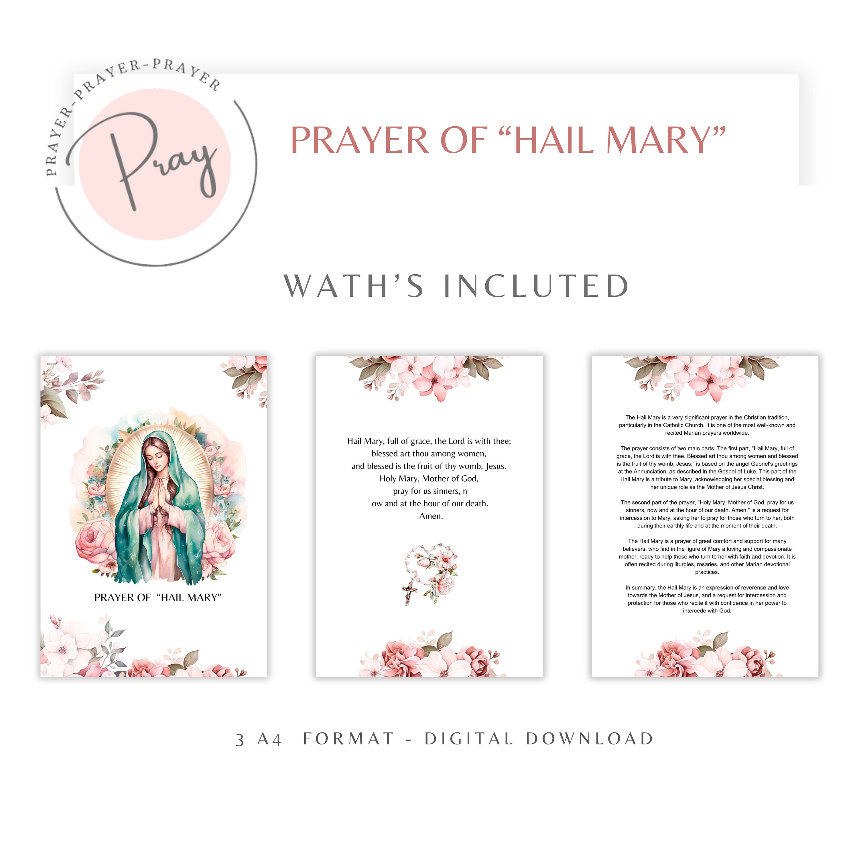 Prayer of Hail Mary,digital Prayer to Obtain Grace From Virgin Mary ...