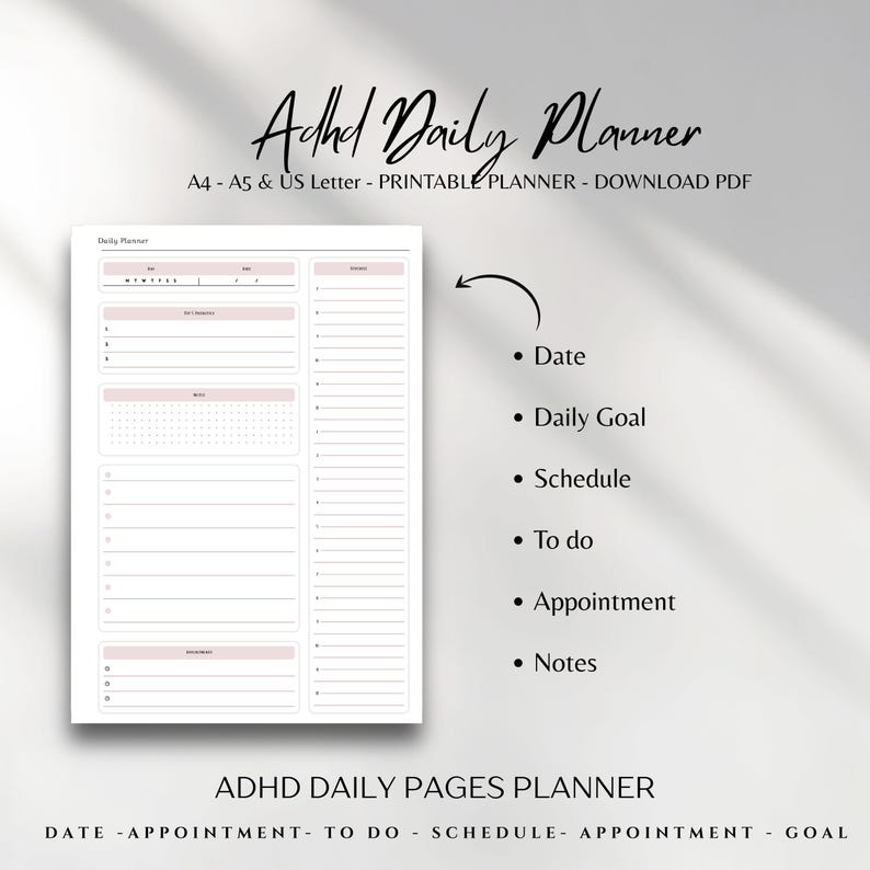ADHD Hourly Planner Printable, Daily to Do List, Undated Daily Planner ...