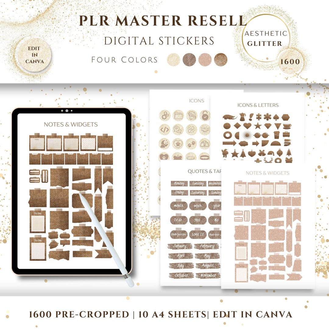PLR MRR Digital Stickers, 1600 Glitter Sticker Sheets|canva Editable ...