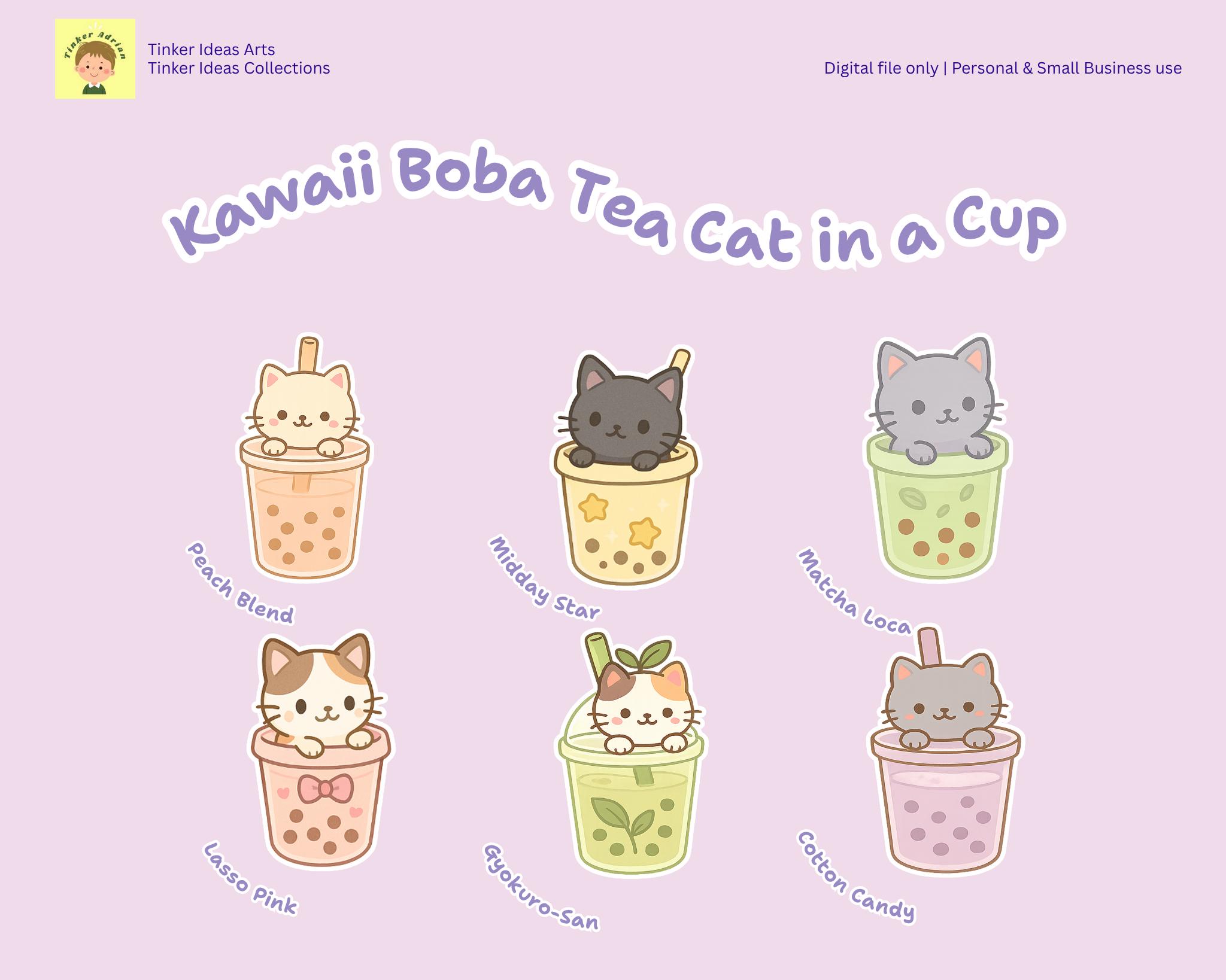 Kawaii Boba Tea Cat in a Cup Clipart Set Stickers – 12 Cute Cat Bubble ...