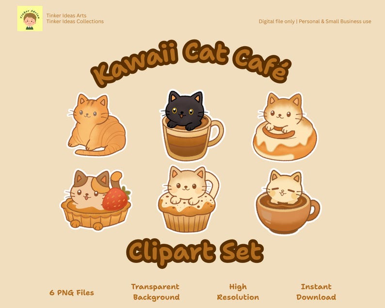 Kawaii Cat Café Clipart Set – 6 PNG Files – Cute Cat Cafe Clip Art ...