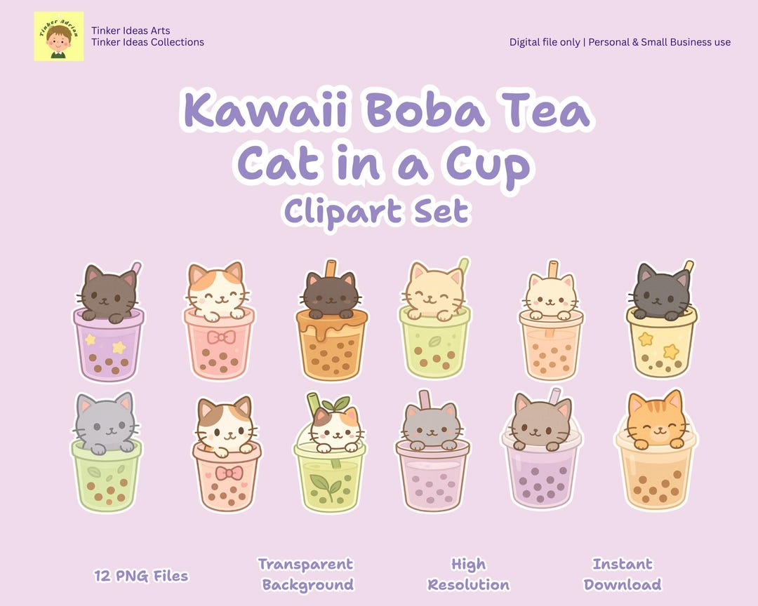 Kawaii Boba Tea Cat in a Cup Clipart Set Stickers – 12 Cute Cat Bubble ...