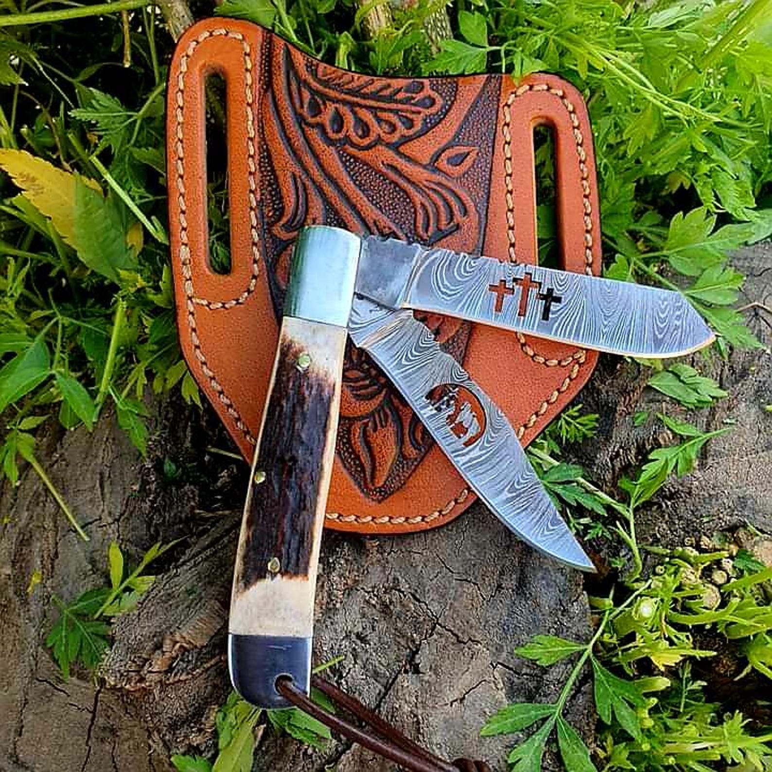 Damascus Steel Western Cowboy Folding Knife With Three Cross and ...