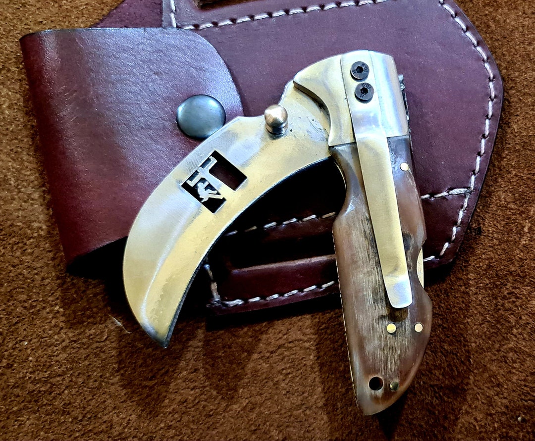 Hawkbill Folding Knife With Lineman and Ram Horn Handle - Etsy
