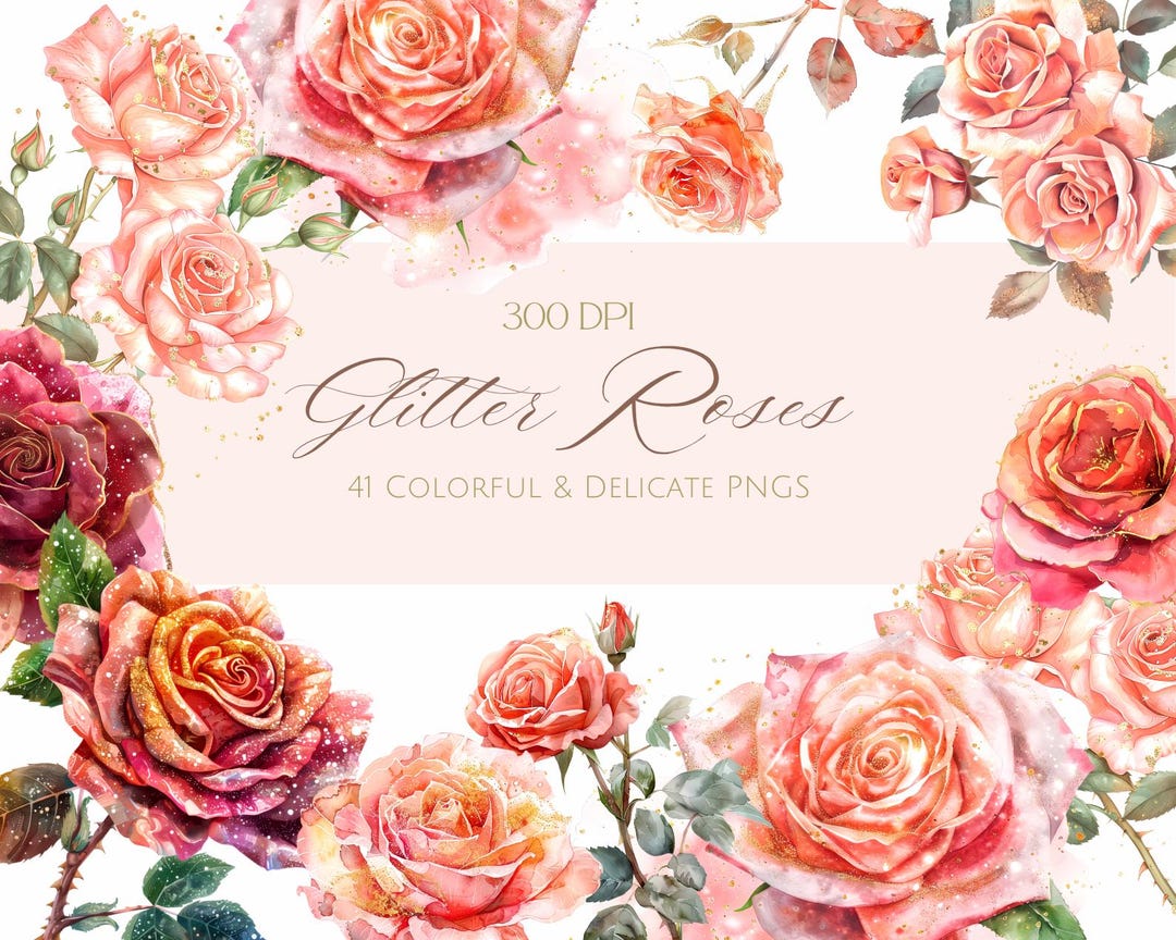 Watercolor Glitter Roses Clipart - Floral Clipart - Sparkle Clipart ...