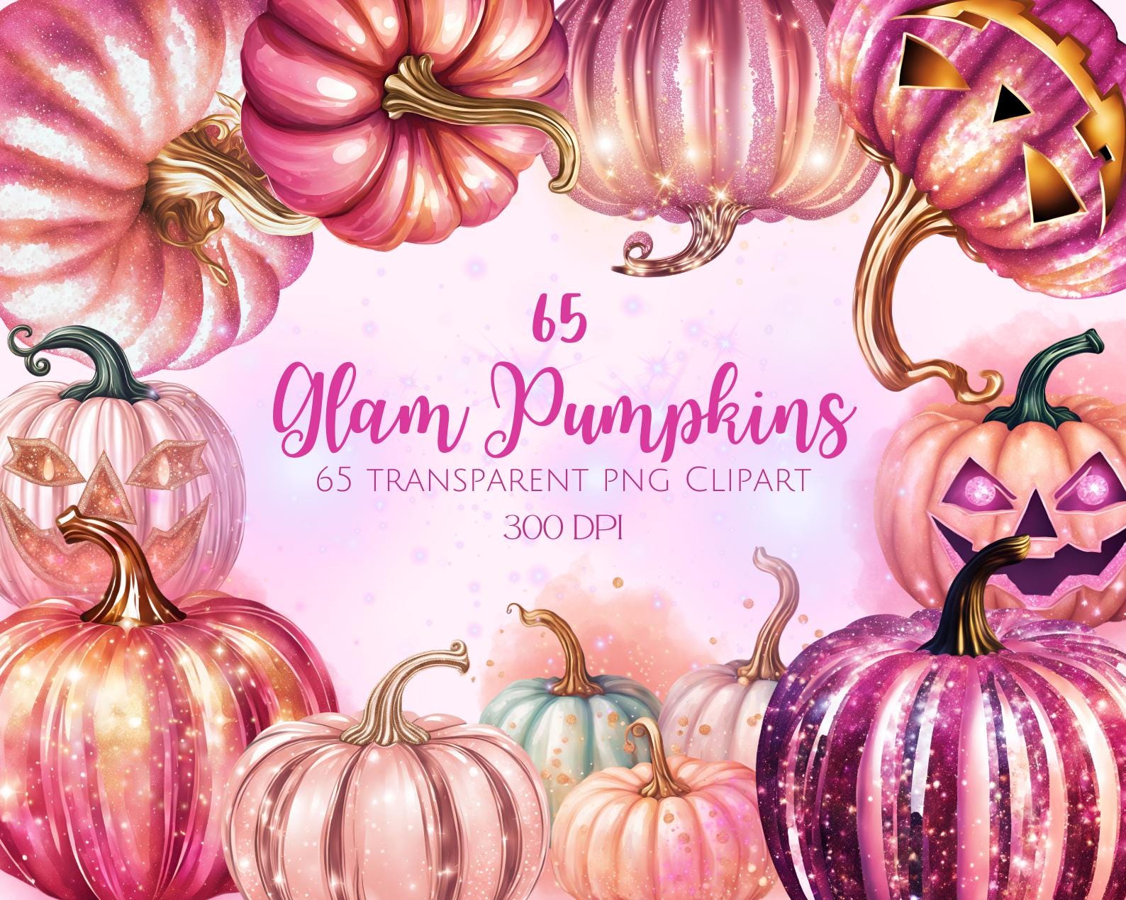 Pink Glitter Glam Pumpkin Clipart, Pink and Gold Pumpkin, Sparkling ...