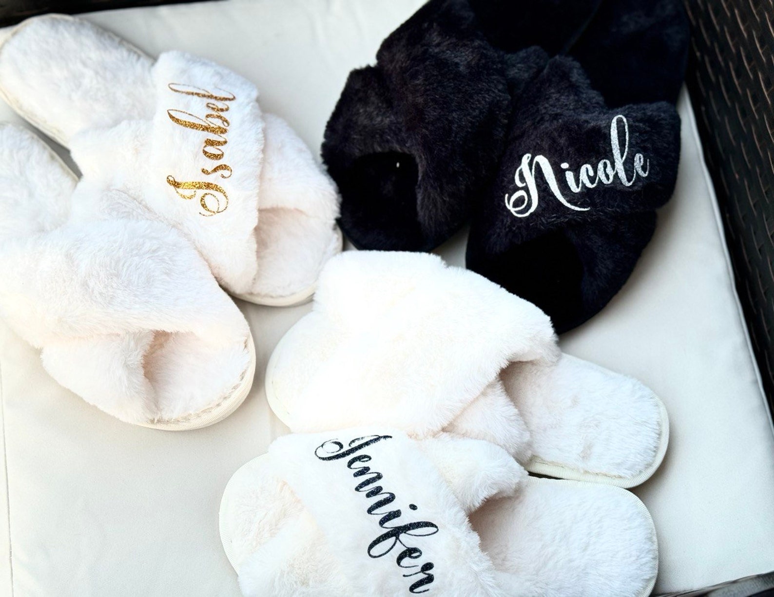 Personalized Bridesmaid Slippers Set Gift Birthday Custom Fluffy ...