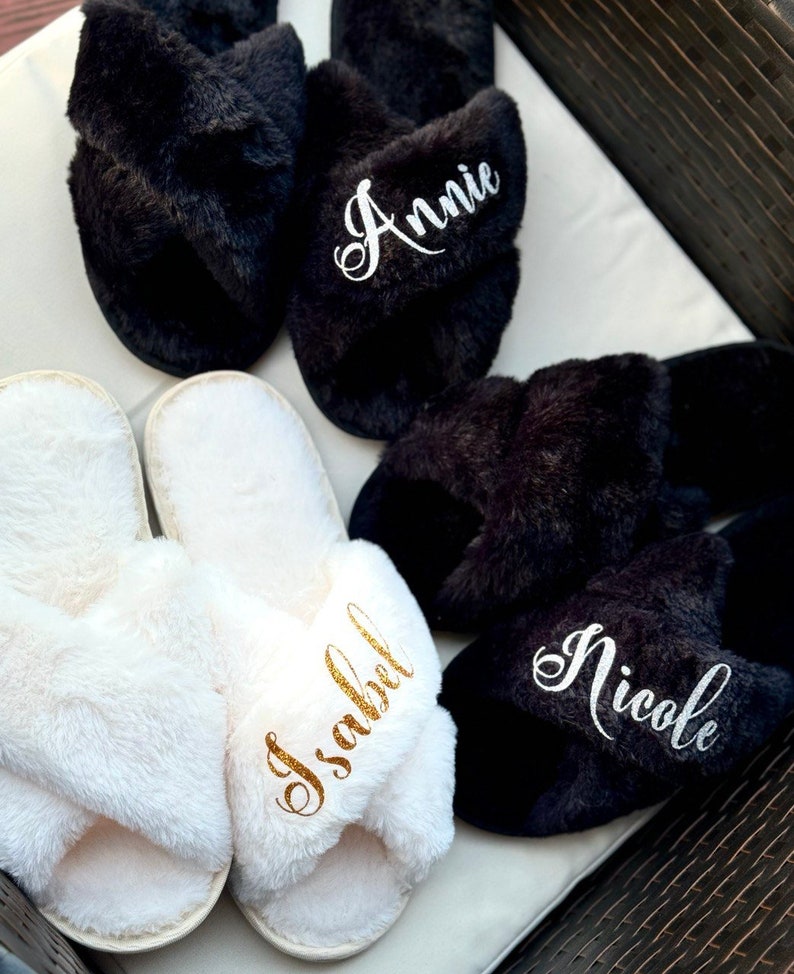Personalized Bridesmaid Slippers Set Gift Birthday Custom Fluffy ...