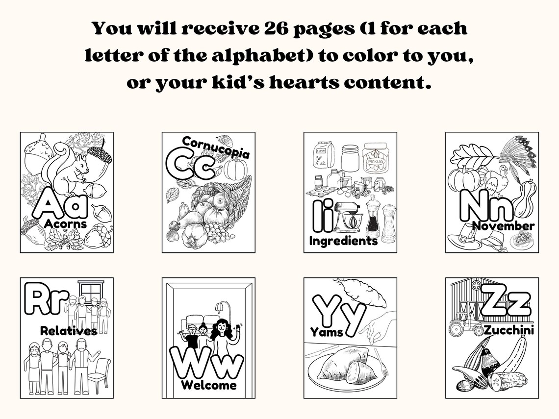 Thanksgiving A-Z Coloring Pages: Printable Alphabet Activity (digital ...