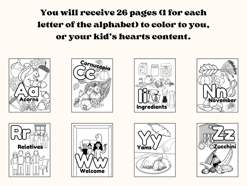 Thanksgiving A-Z Coloring Pages: Printable Alphabet Activity (digital ...