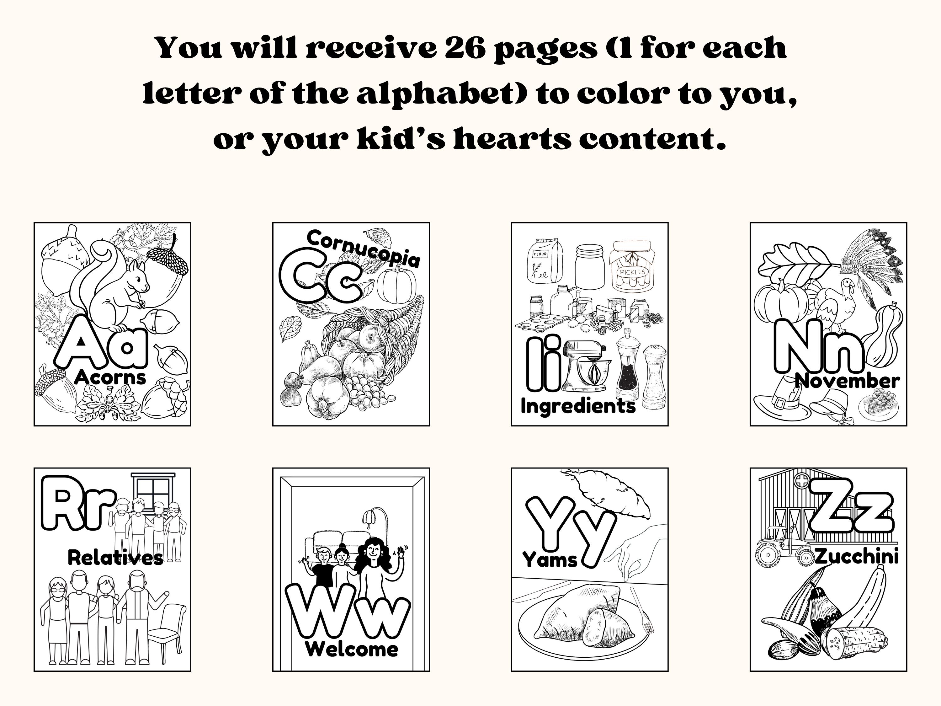 Thanksgiving A-Z Coloring Pages: Printable Alphabet Activity (digital ...