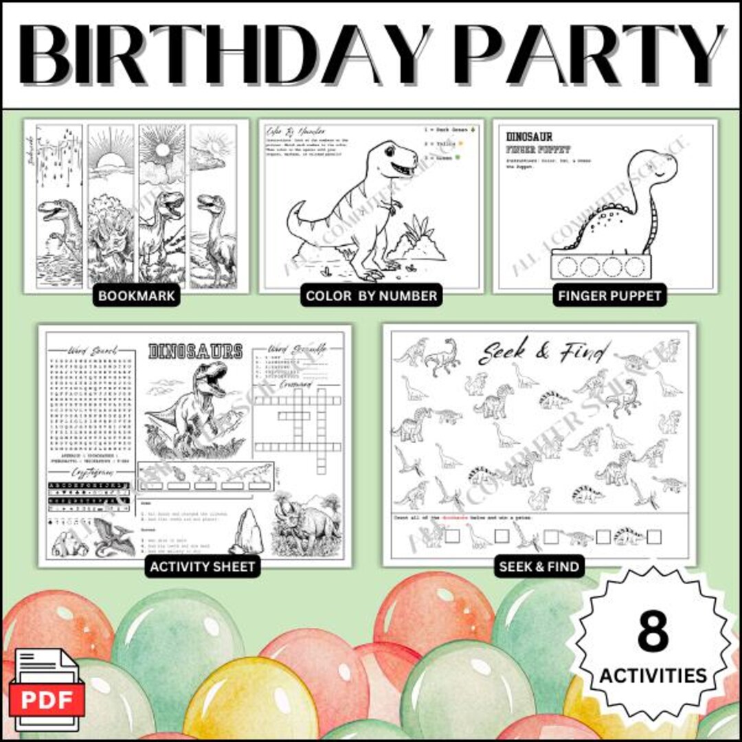 Dinosaur Printable Birthday Party Games - Crafts Puzzles PDF Activity ...