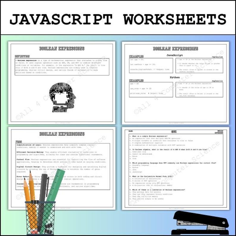 Javascript Worksheets |coding Activities PDF |educational Printable for Middle & High School ...