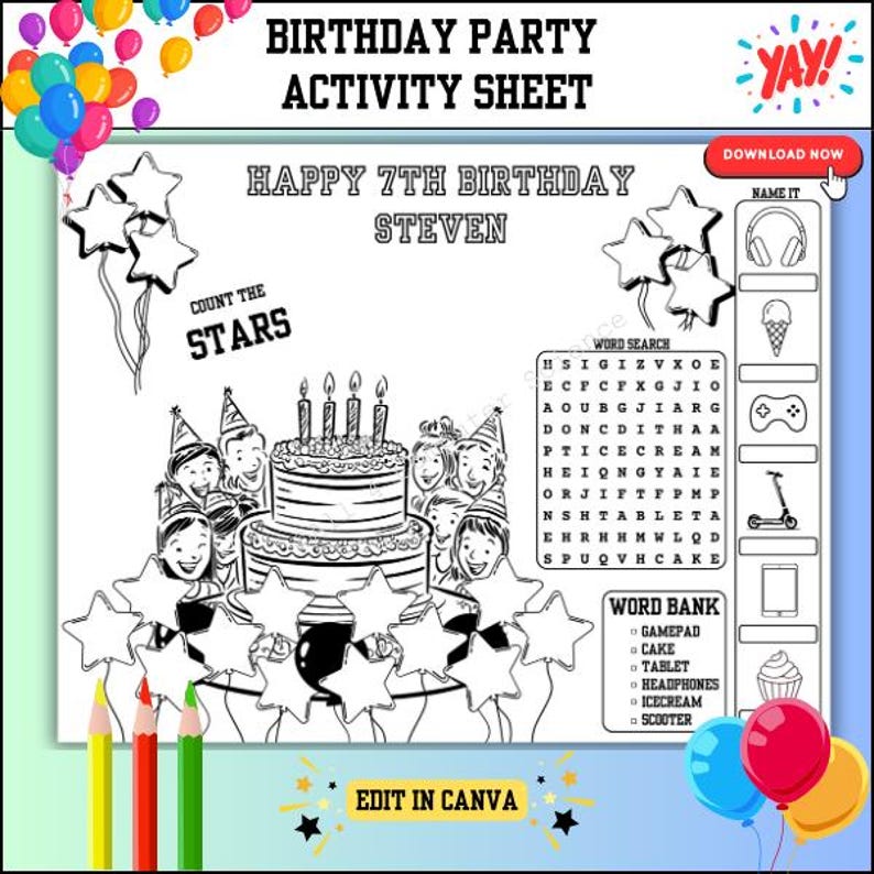 Kids Printable | Cake & Kids Theme Birthday Party | Party Favor ...