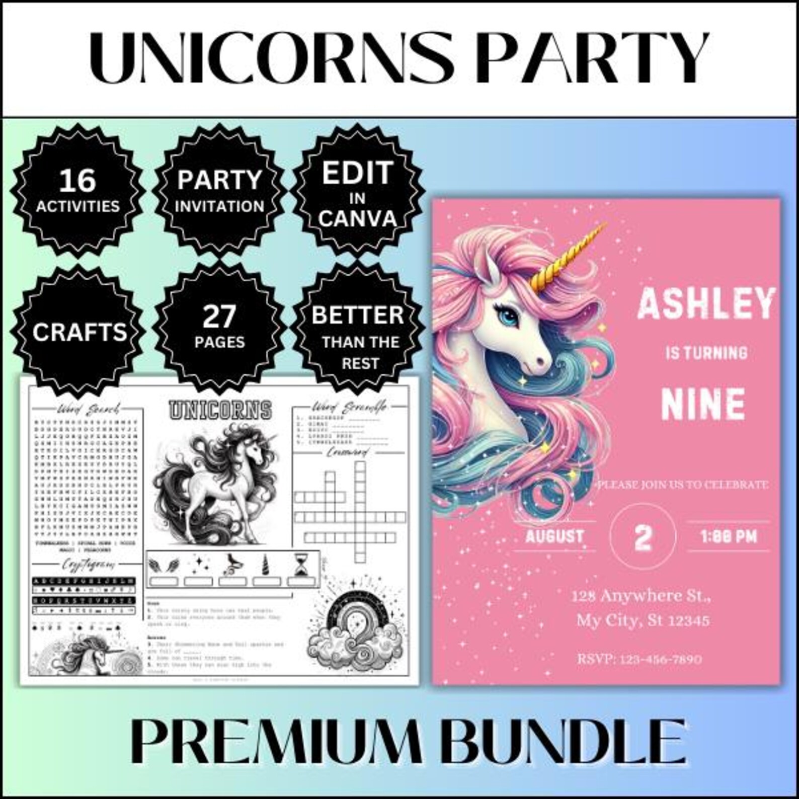 Unicorns Birthday Party Invitation Activity Coloring Sheet Bundle ...