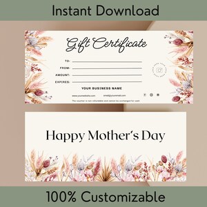 BOHO Editable Gift Certificates Template, BOHO Mothers Day Gift Card ...