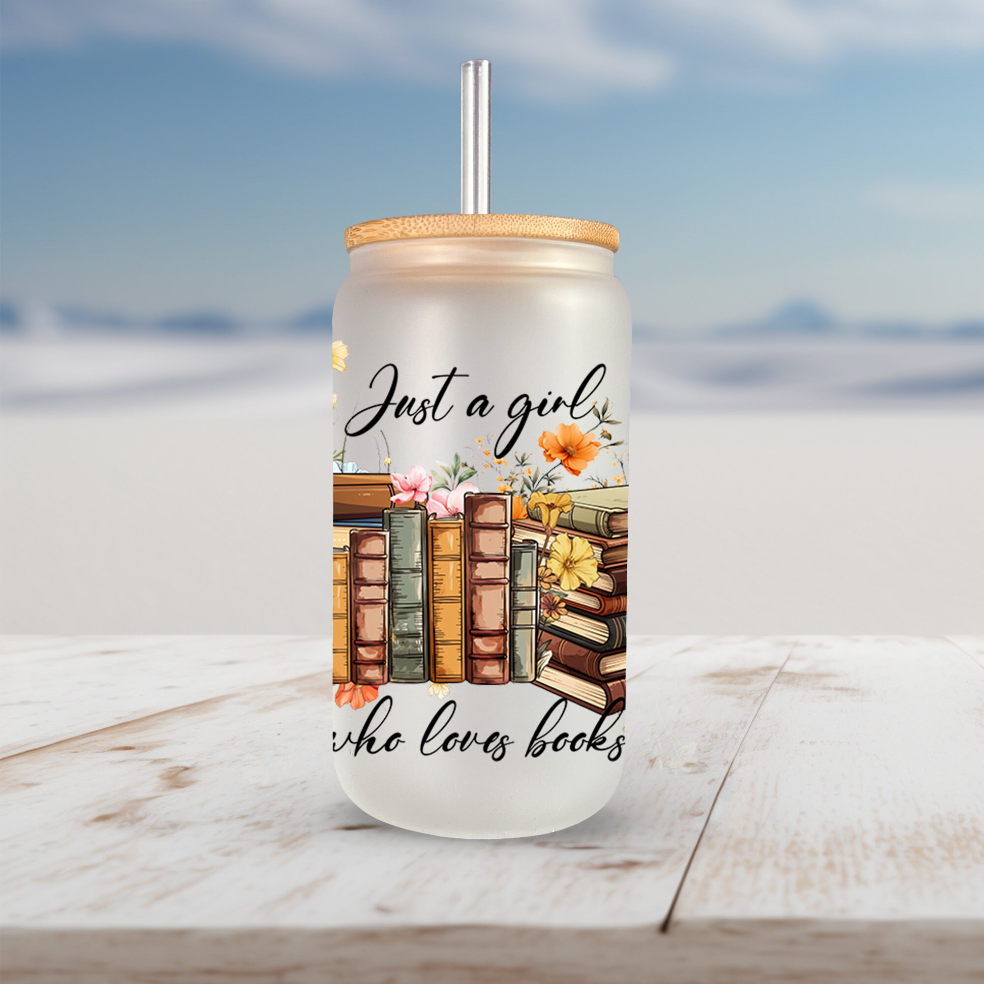 16oz Glass Cup and Wrap UV DTF Book Lover Girl Wrap Mug Wrap Coffee Cup ...