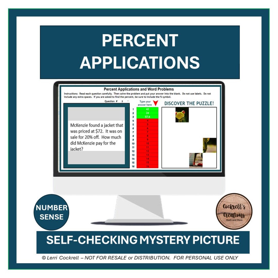 Percent Application in Word Problems Self-checking Digital Picture and ...