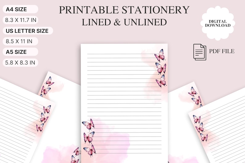Butterfly Design, PRINTABLE Stationery |A4, US Letter,a5| Lined ...
