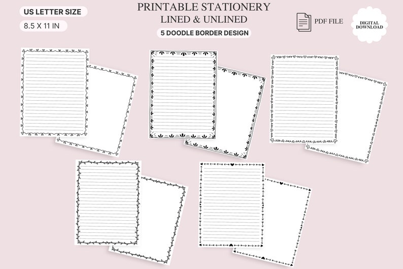 Doodle Border Printable Stationery US Letter Size Lined & Unlined ...