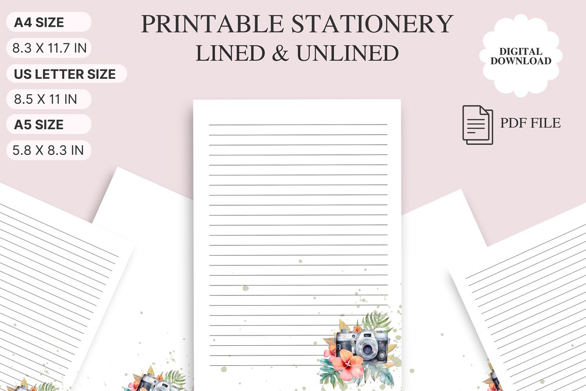 Retro Camera Printable Stationery A4, US Letter,a5 Lined & Unlined ...