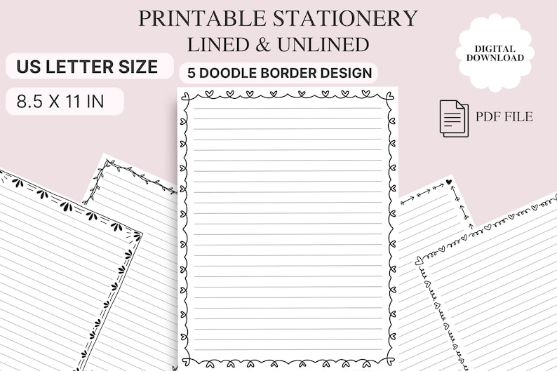 Doodle Border Printable Stationery US Letter Size Lined & Unlined ...