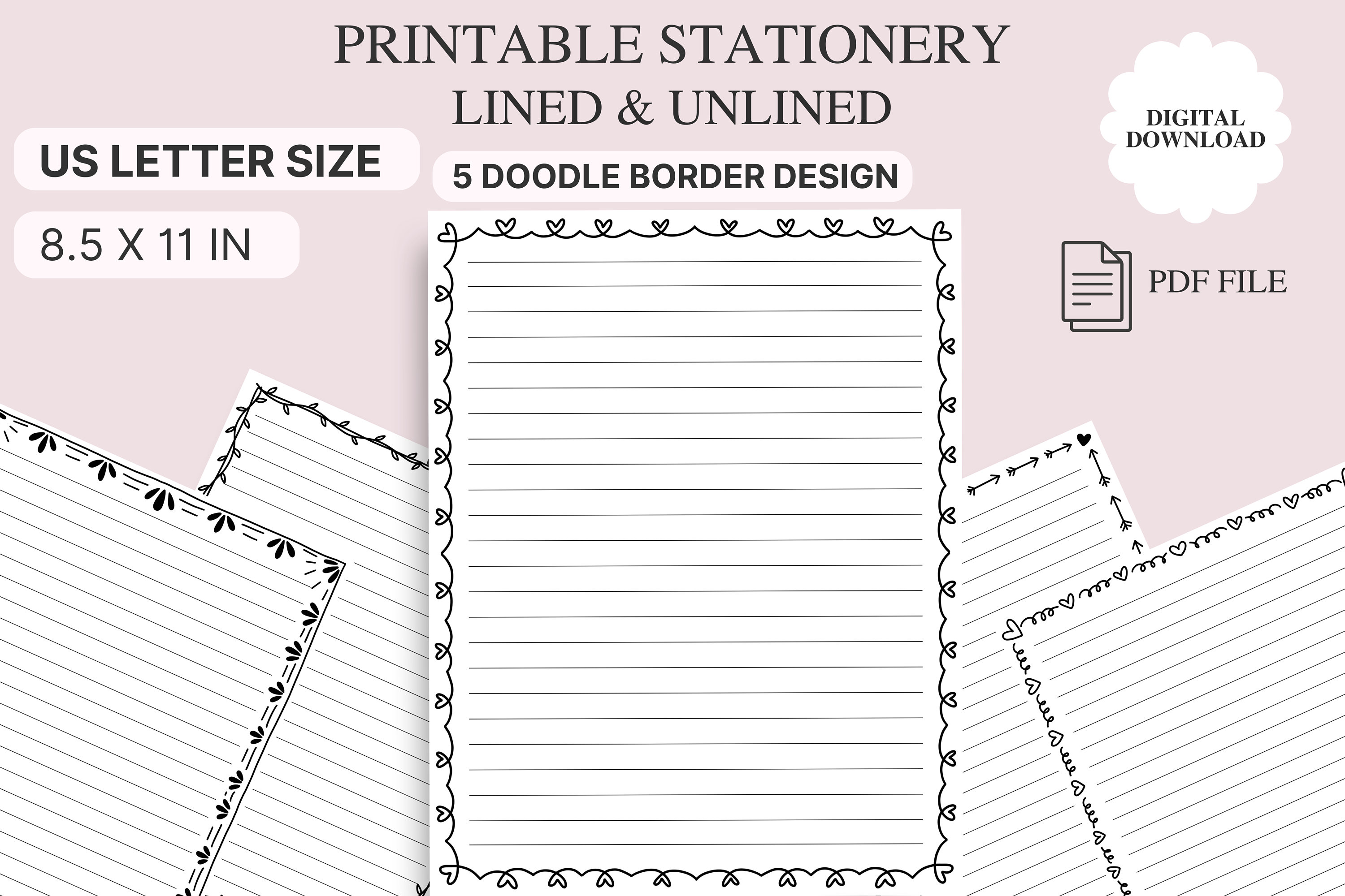 Doodle Border Printable Stationery US Letter Size Lined & Unlined ...
