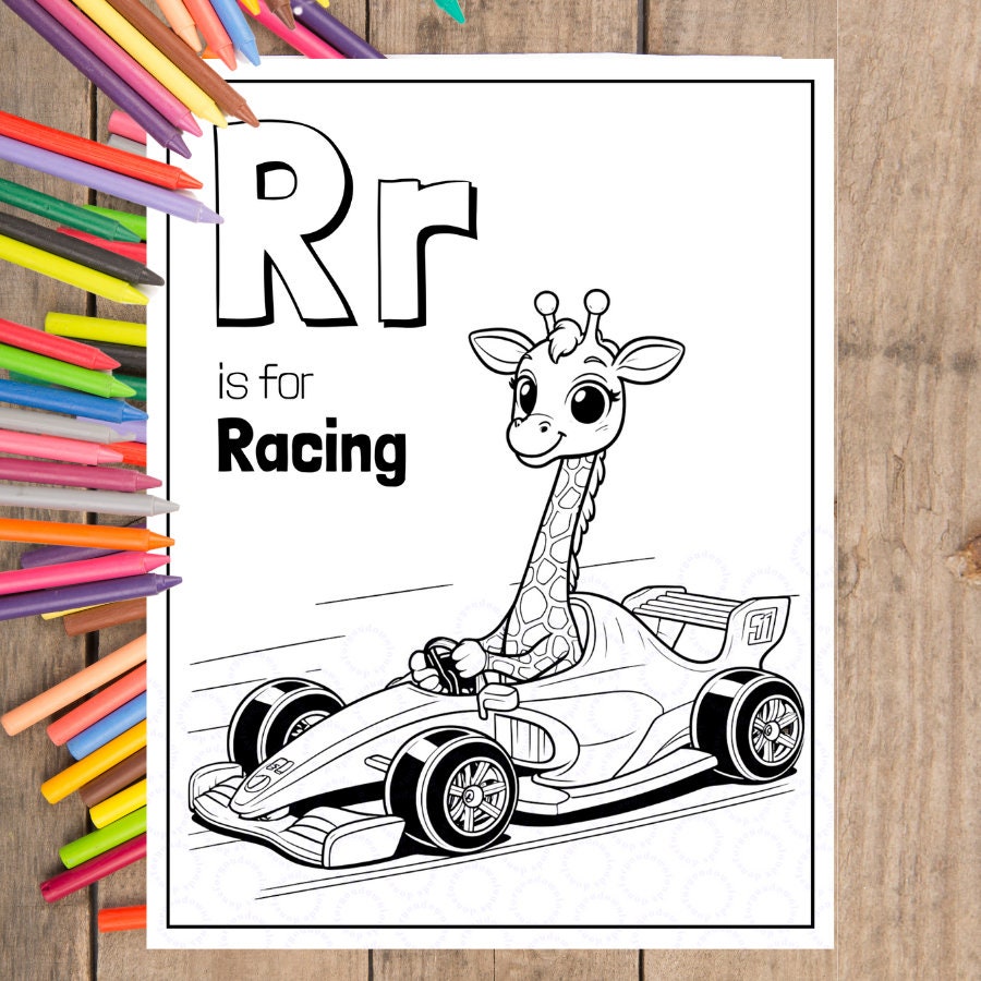 Giraffe Race Car Coloring Book Page Printable Digital Download Coloring ...