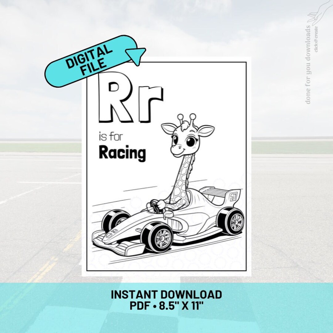 Giraffe Race Car Coloring Book Page Printable Digital Download Coloring ...