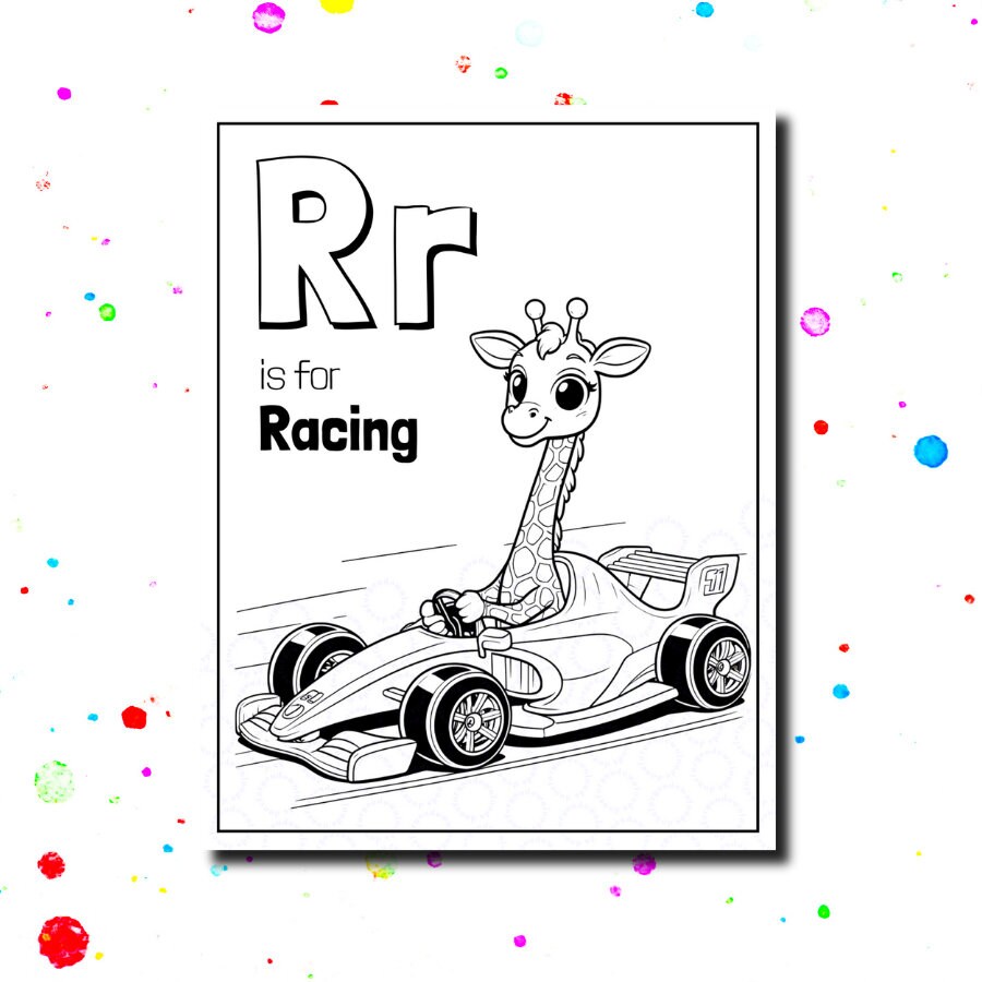 Giraffe Race Car Coloring Book Page Printable Digital Download Coloring ...