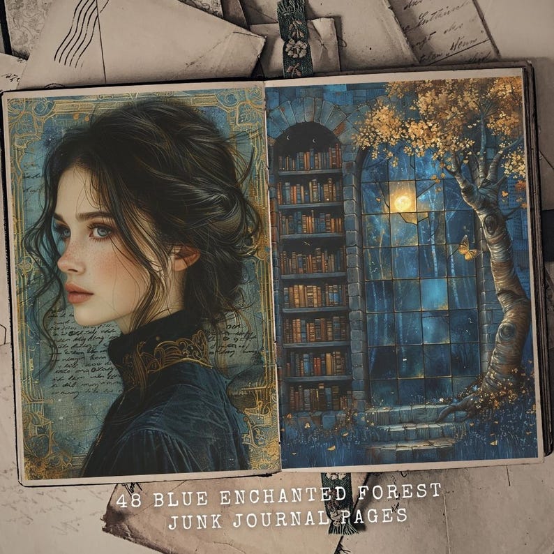48 Blue Enchanted Forest Digitaljunkjournalkit Blue and Gold Papers 8 ...