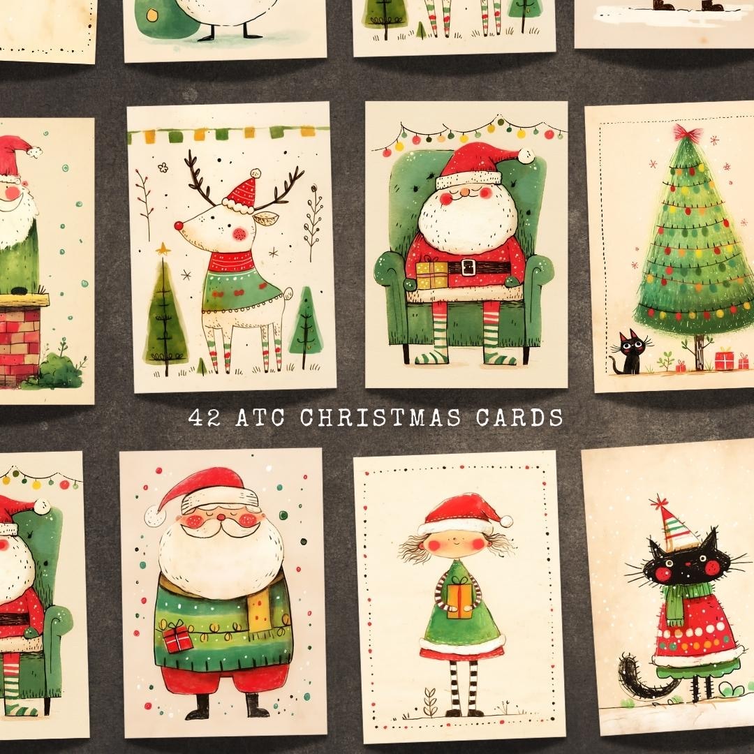 42 Vintage Hand-drawn Ephemera Santa Claus Christmas ATC Cards, Cute ...