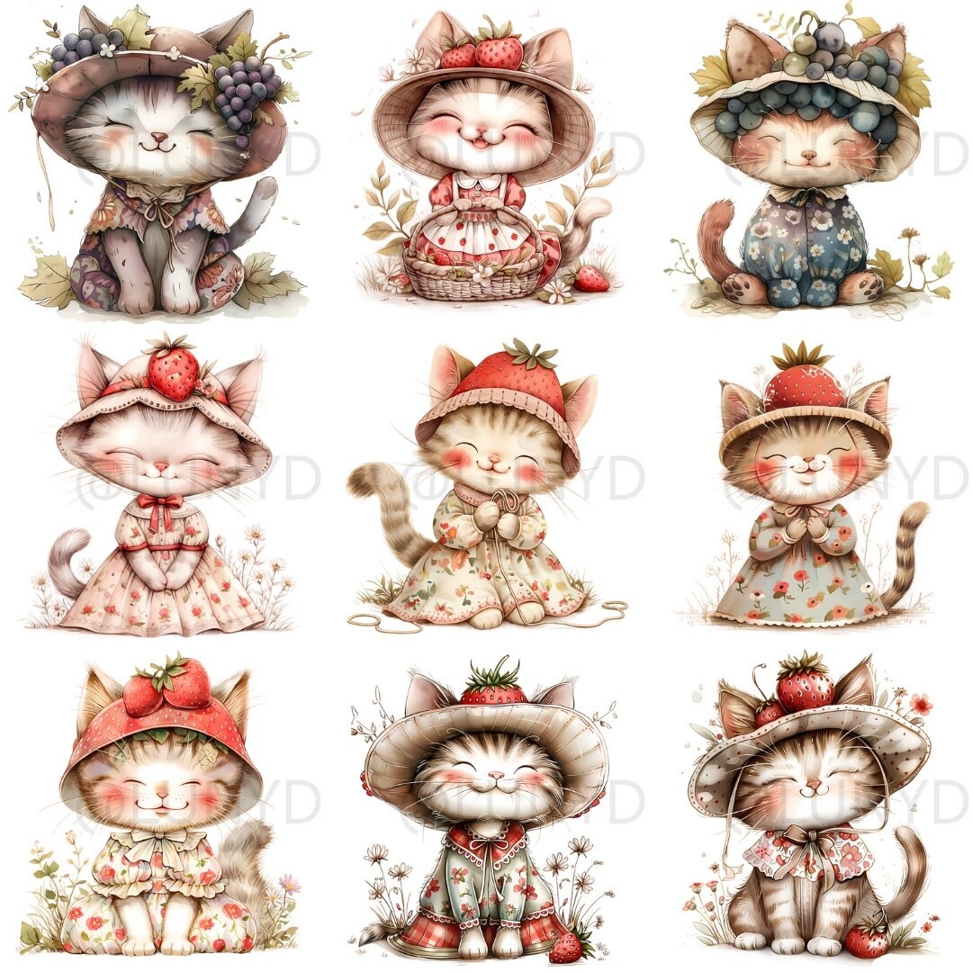 26 Quirky Berry Cats Clipart Bundle, Funny Cat Clipart, Digital ...