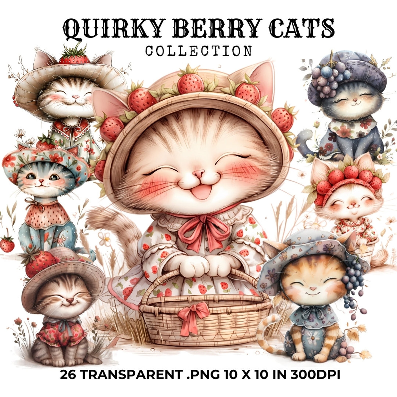 26 Quirky Berry Cats Clipart Bundle, Funny Cat Clipart, Digital ...