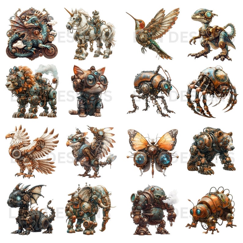 36 Steampunk Animals Clipart Bundle: Watercolor PNG (digital Download ...