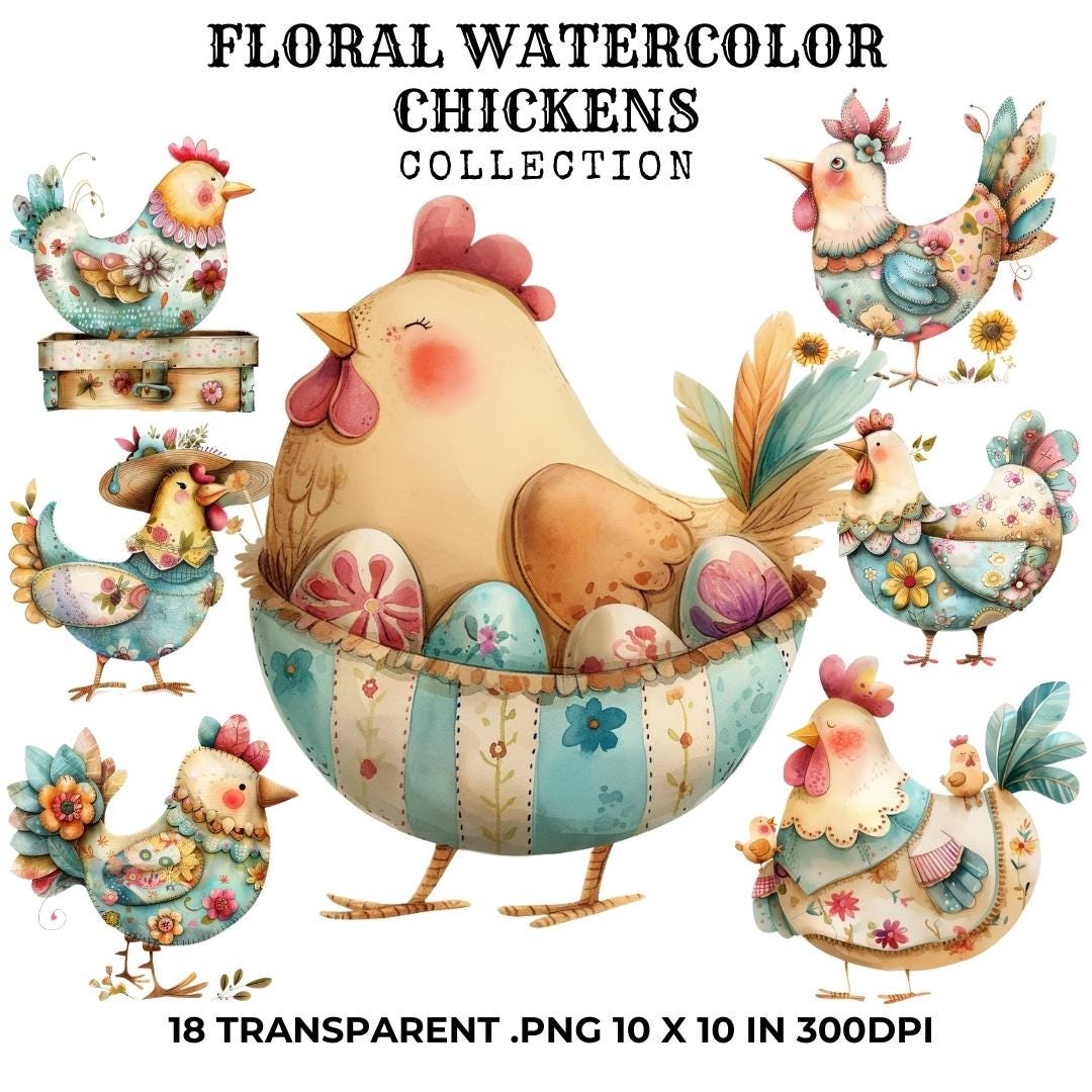 18 Floral Watercolor Chicken Clipart Bundle, Watercolor Clipart ...
