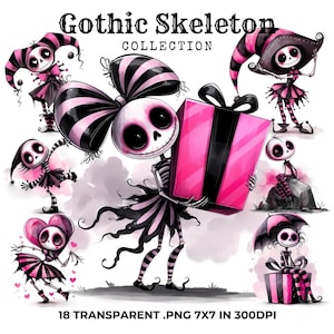 18 Gothic Cute Skeleton Clipart PNG, Cartoon Skeleton With Pink ...